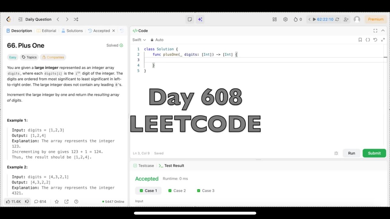 Day 608: LeetCode Problem 66. Plus One - Swift - YouTube