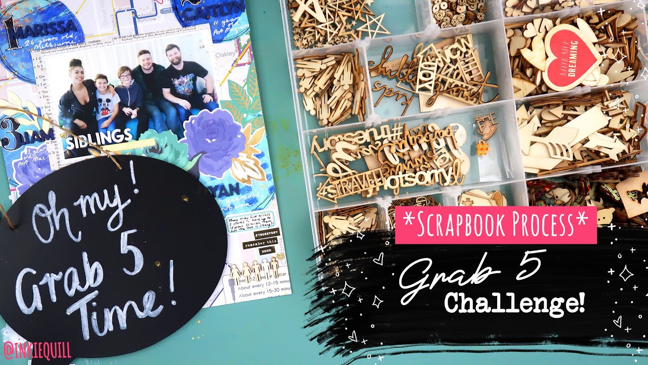 GRAB 5 CHALLENGE // Mixed Media Scrapbook Layout "Siblings" - YouTube