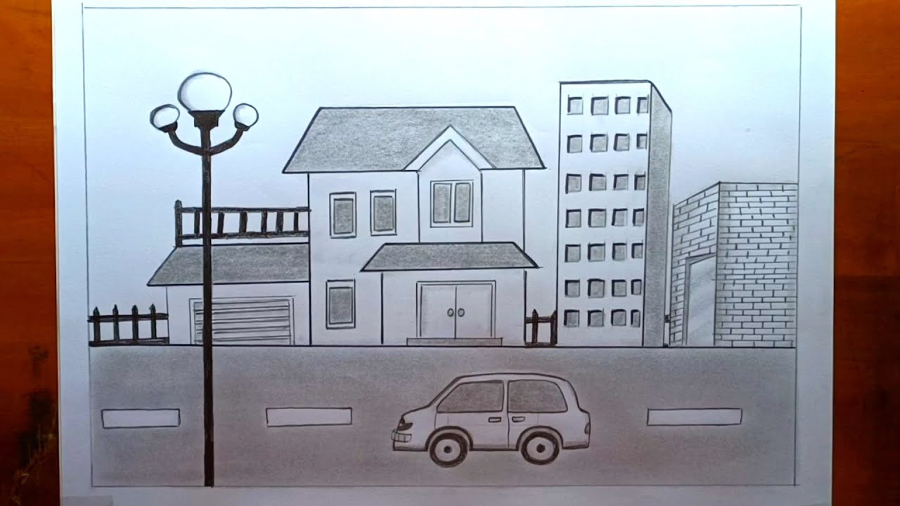 How to draw city scenery | One point city road | City landscape drawing ...