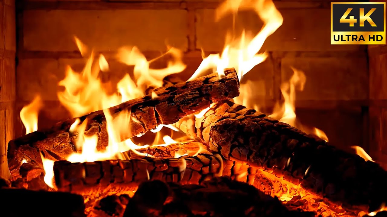 Fireplace at Night 4K 🔥 Cozy Fireplace (3 HOURS). Fireplace video with ...