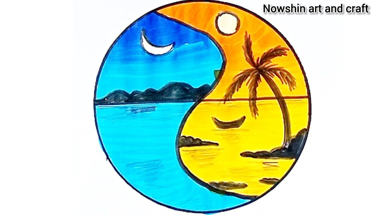Day and Night scenery drawing।। Easy circle scenery drawing ideas #art ...