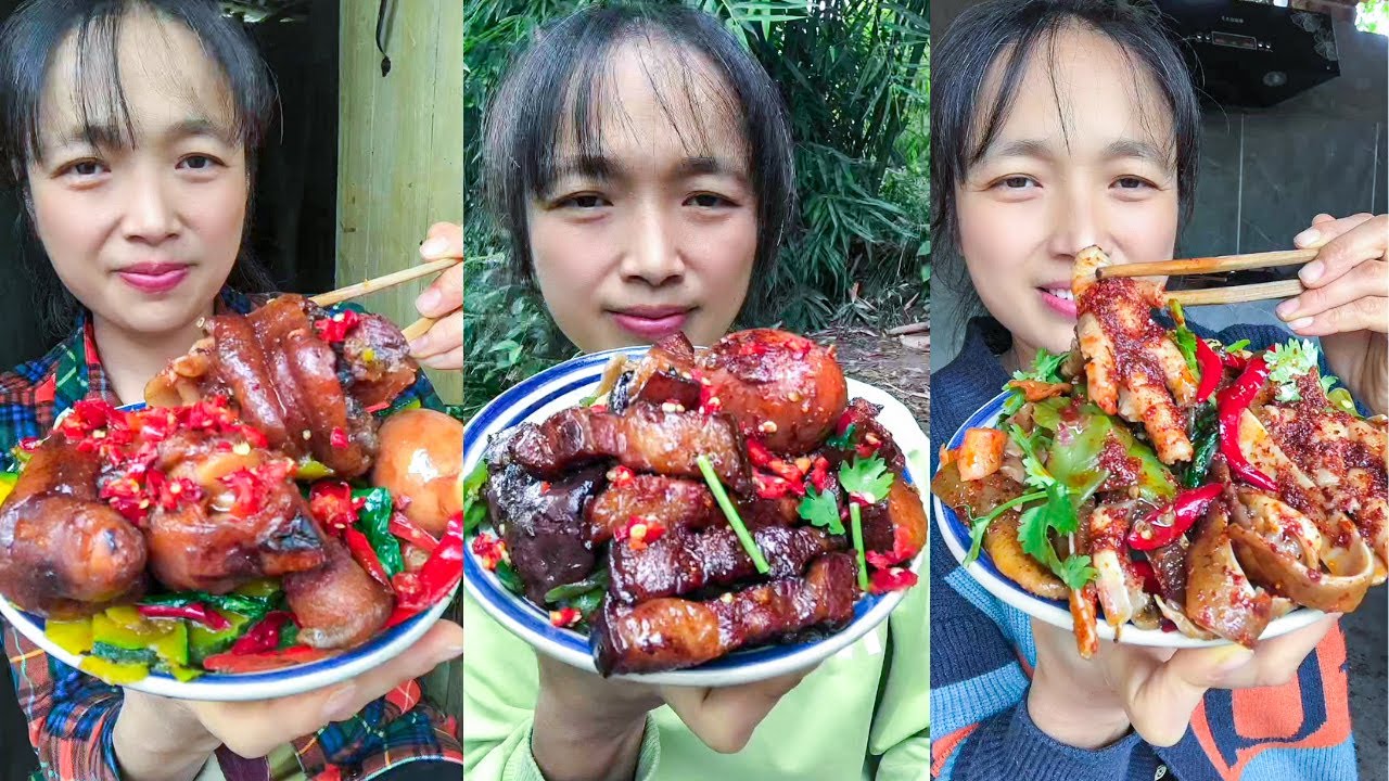 Eating Pork trotters stewed with firewood, Braised Pork and boneless ...