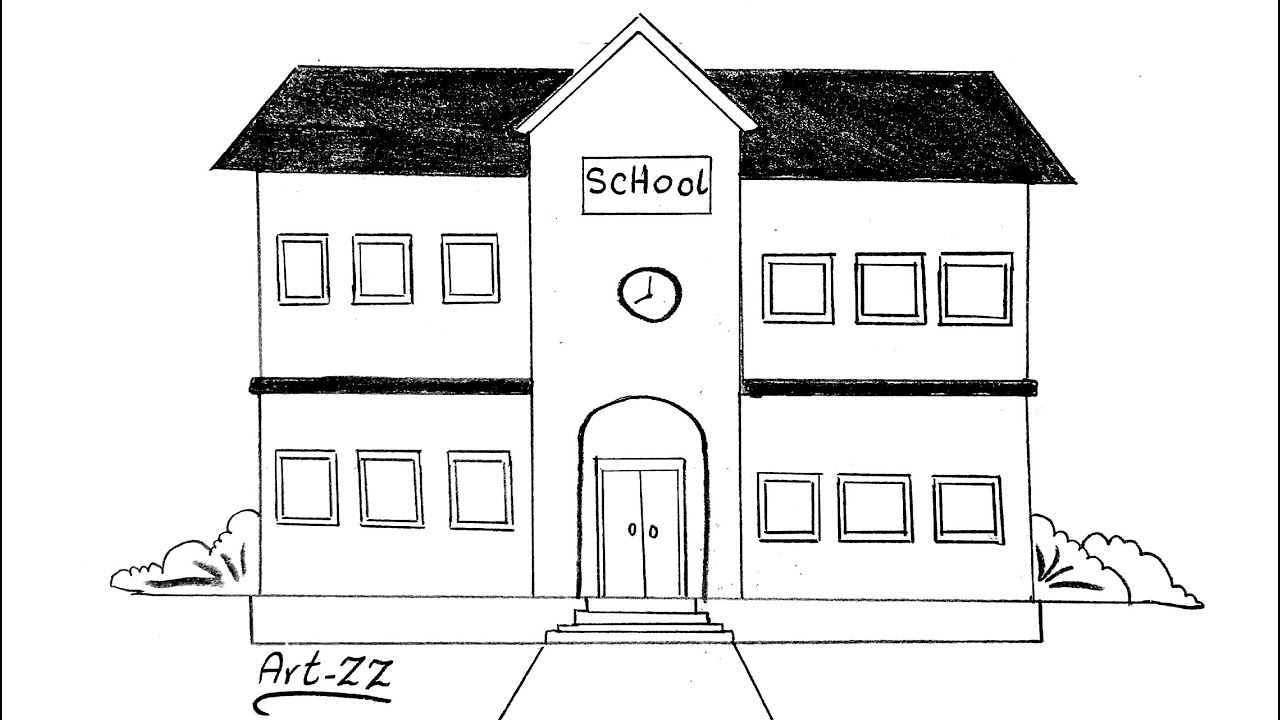 How to Draw a Two-Story School with Clock | Easy Step-by-Step Tutorial ...