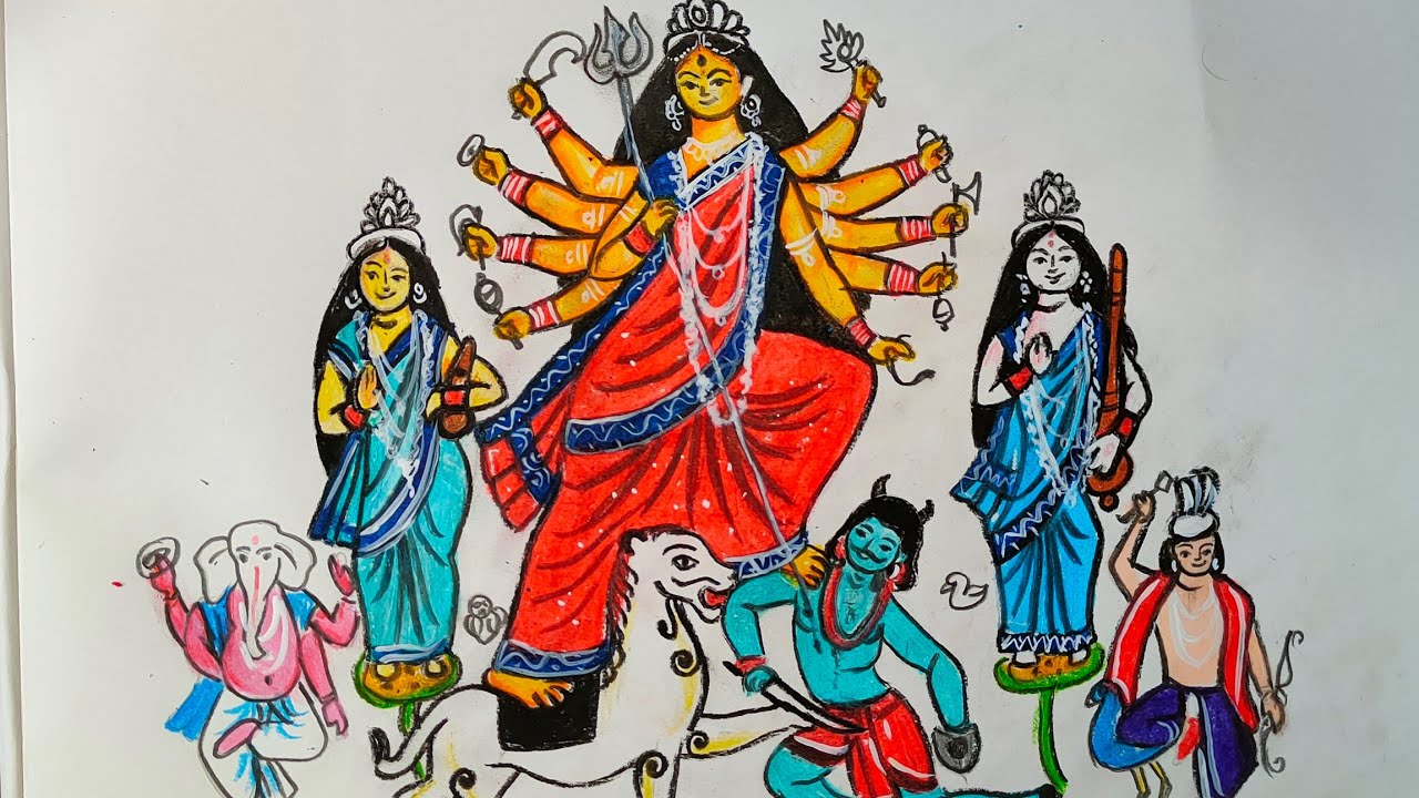 How To Draw Maa Durga With Color Pencil |Drawing Maa Durga Face Durga ...