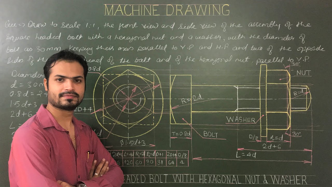 Square Headed Bolt With Hexagonal Nut And Washer In Machine Drawing ...