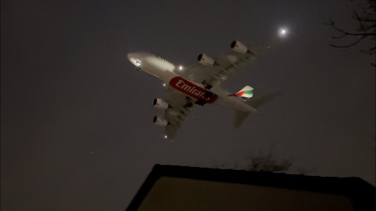 Amazing sound, x4 GP7270 engines from Emirates A380 at 500ft over house ...