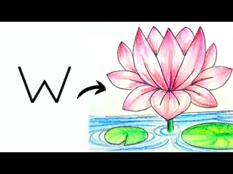 How to draw easy Waterlily with letter W. Easy drawing for beginners ...
