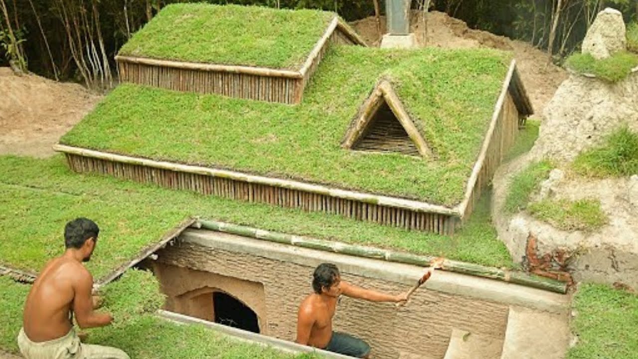 Building underground hut with grass roof &fireplace with clay - YouTube