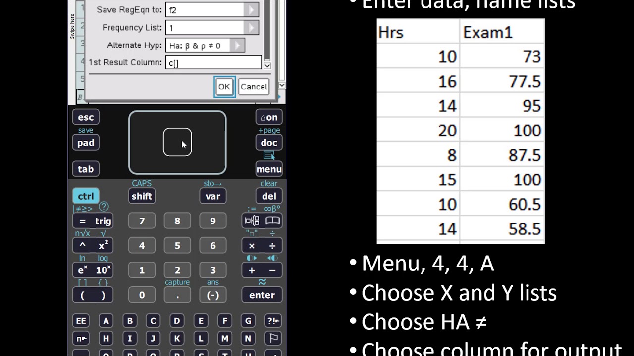 NSPIRE: Hypothesis test for correlation using LinRegTTest - YouTube