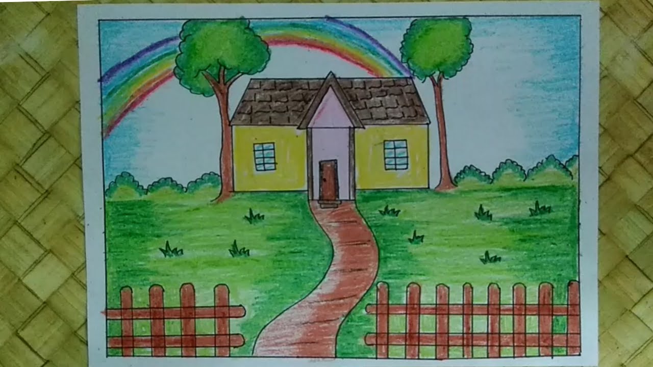 House scenery drawing using crayons - YouTube
