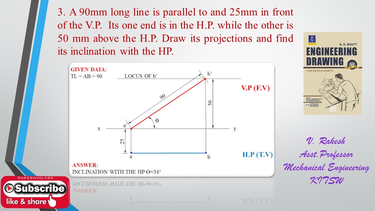 Projections of lines - I, problem no. 3 (Engineering drawing by N. D ...