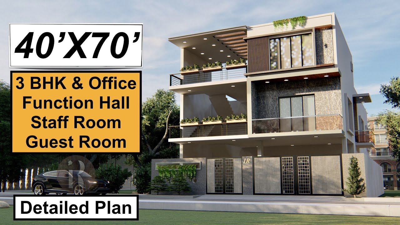 40X70 Feet House Design with Function Hall | 3 BHK | Office Space ...