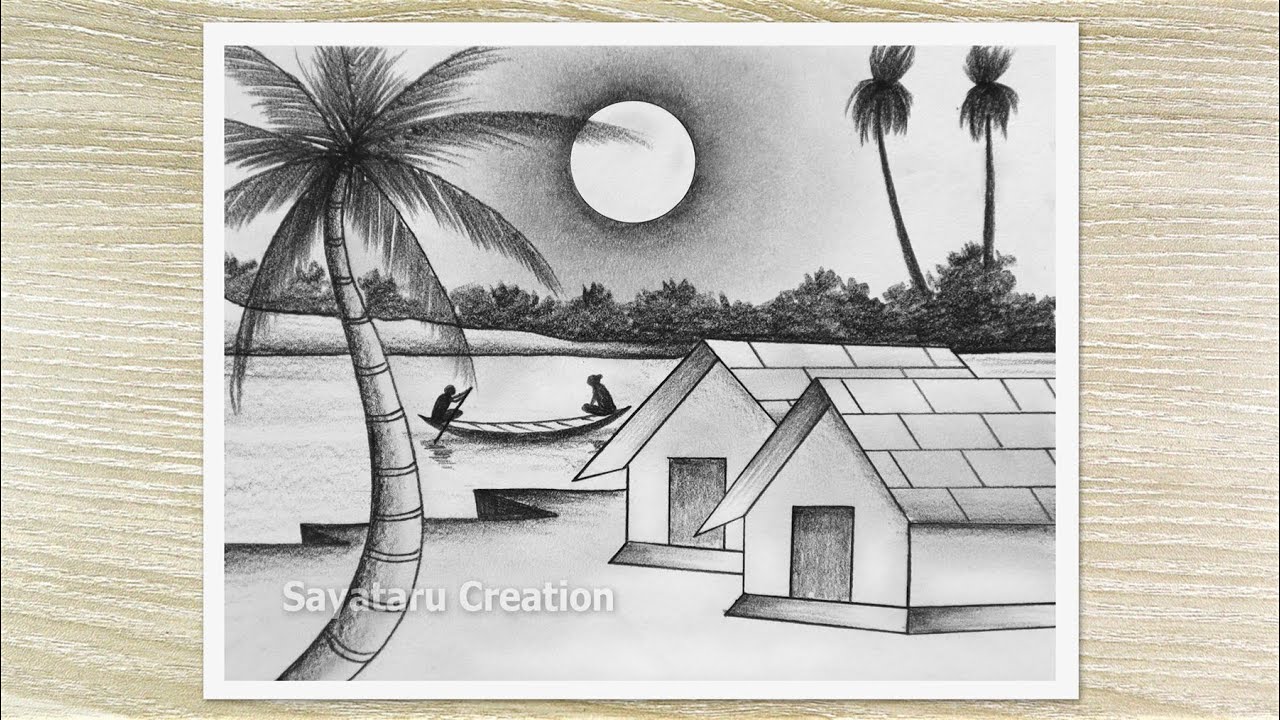 Amazing Moonlight Night Scene Drawing by Pencil, Pencil Drawing for ...