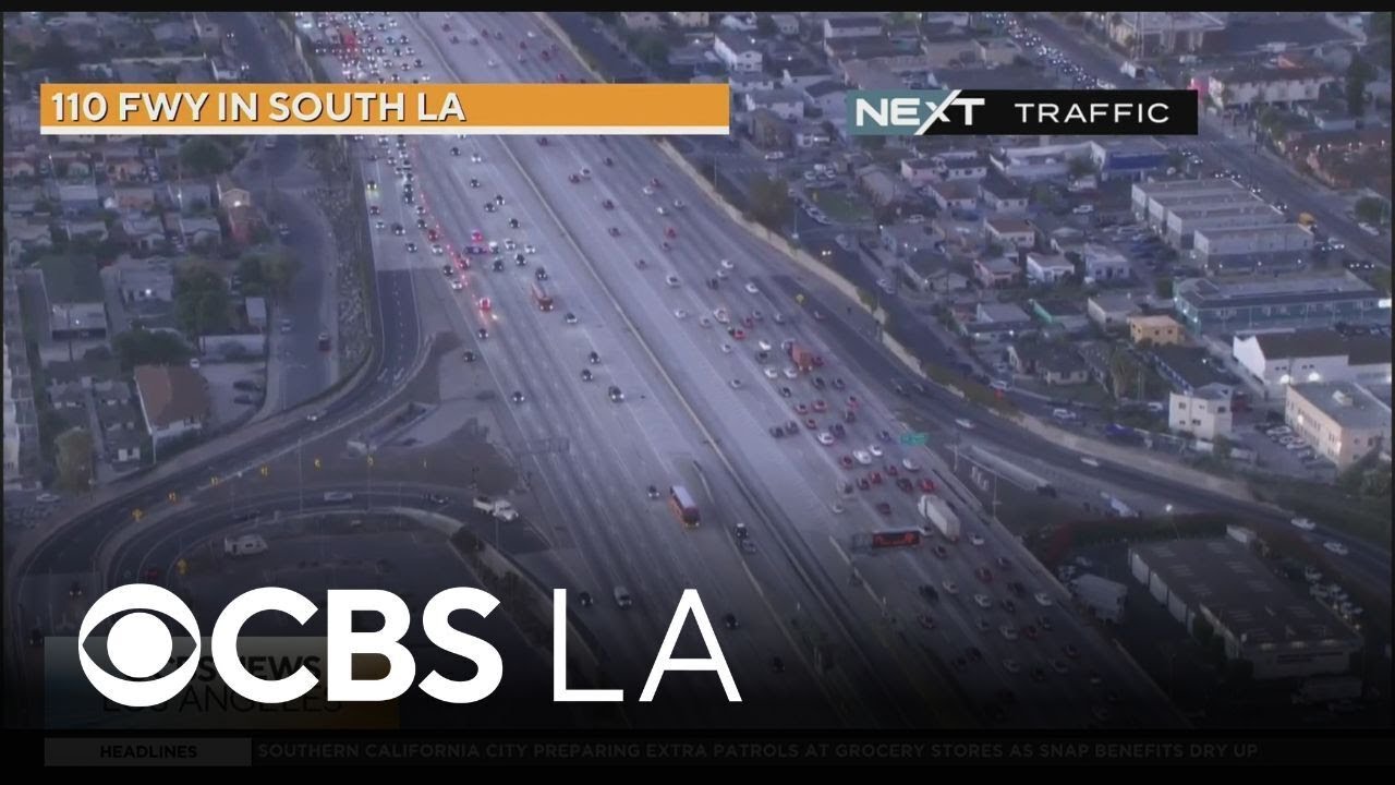 Pedestrian struck and killed on 110 Freeway in South Los Angeles - YouTube
