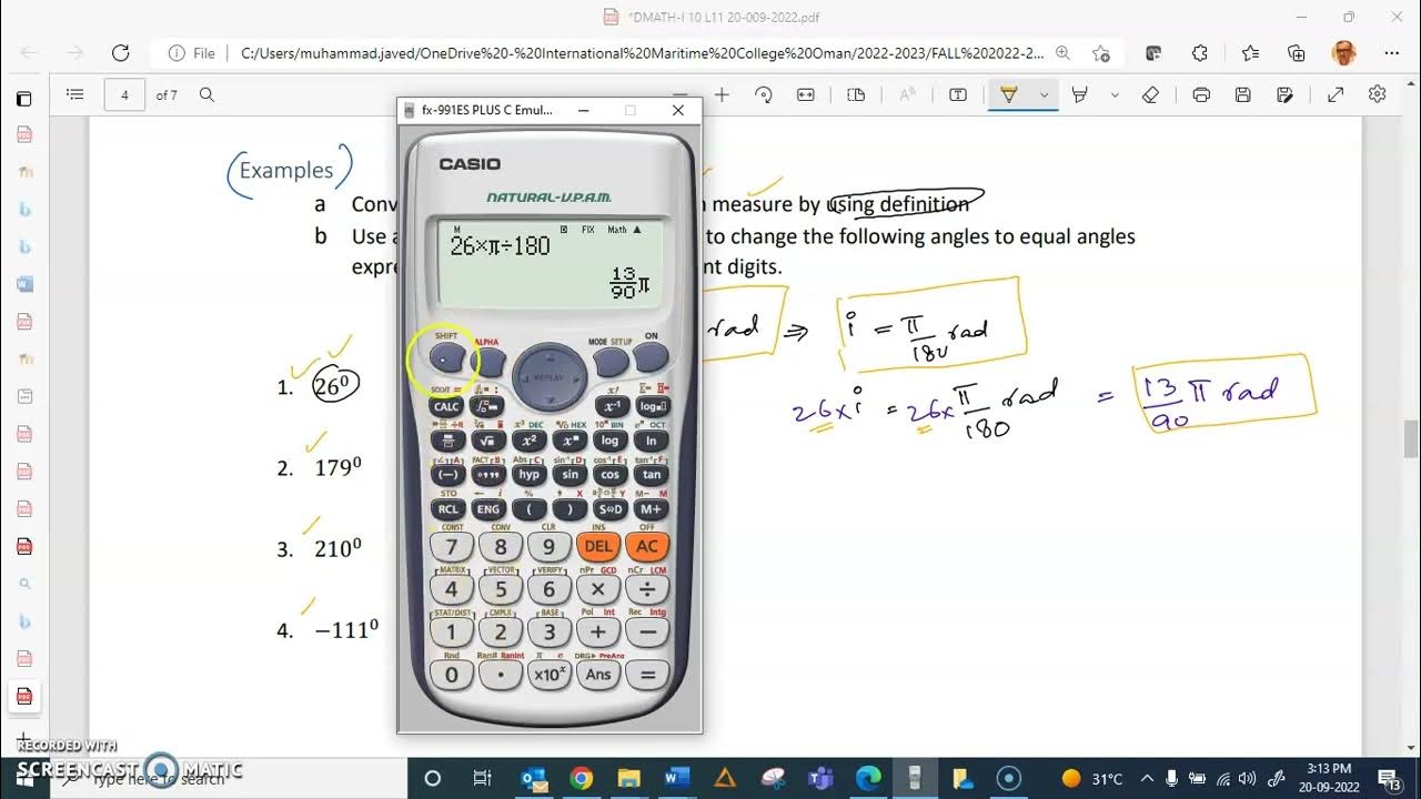 Conversion of degree angle to radian by saving factor (pi/180) on fx-991ES PLUS Casio calculator ...
