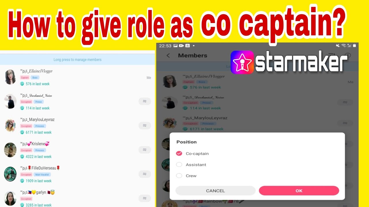 HOW TO GIVE ROLE AS CO CAPTAIN ON STARMAKER APP? || CO CAPTAIN ROLE ...