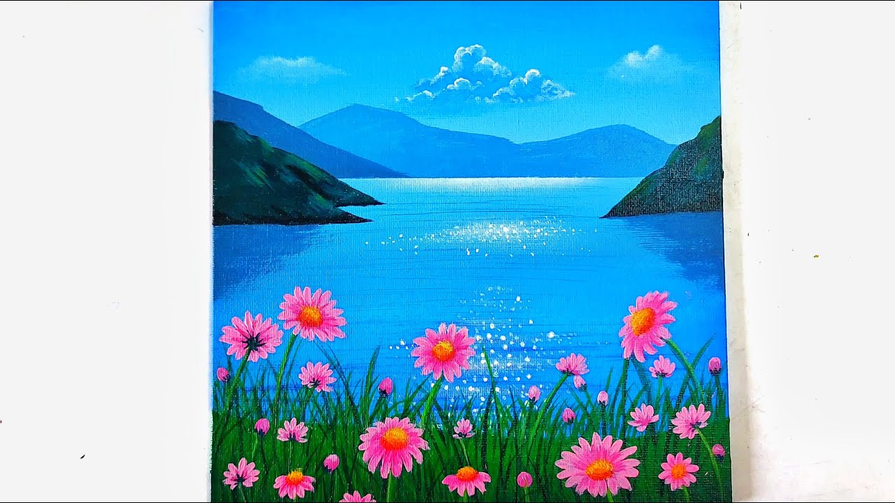 Flower field painting easy / River painting/ ACRYLIC PAINTING FOR ...