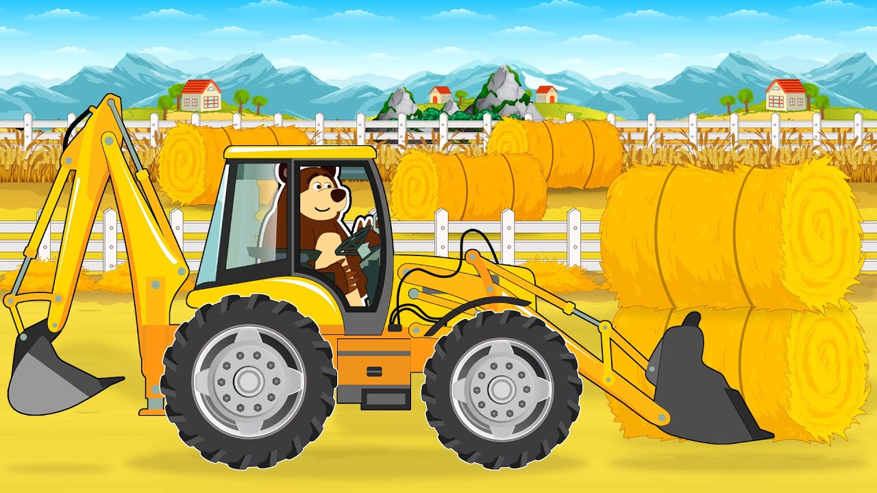 The Bear Farm: Yellow Construction Tractor and Backhoe loader Picking ...