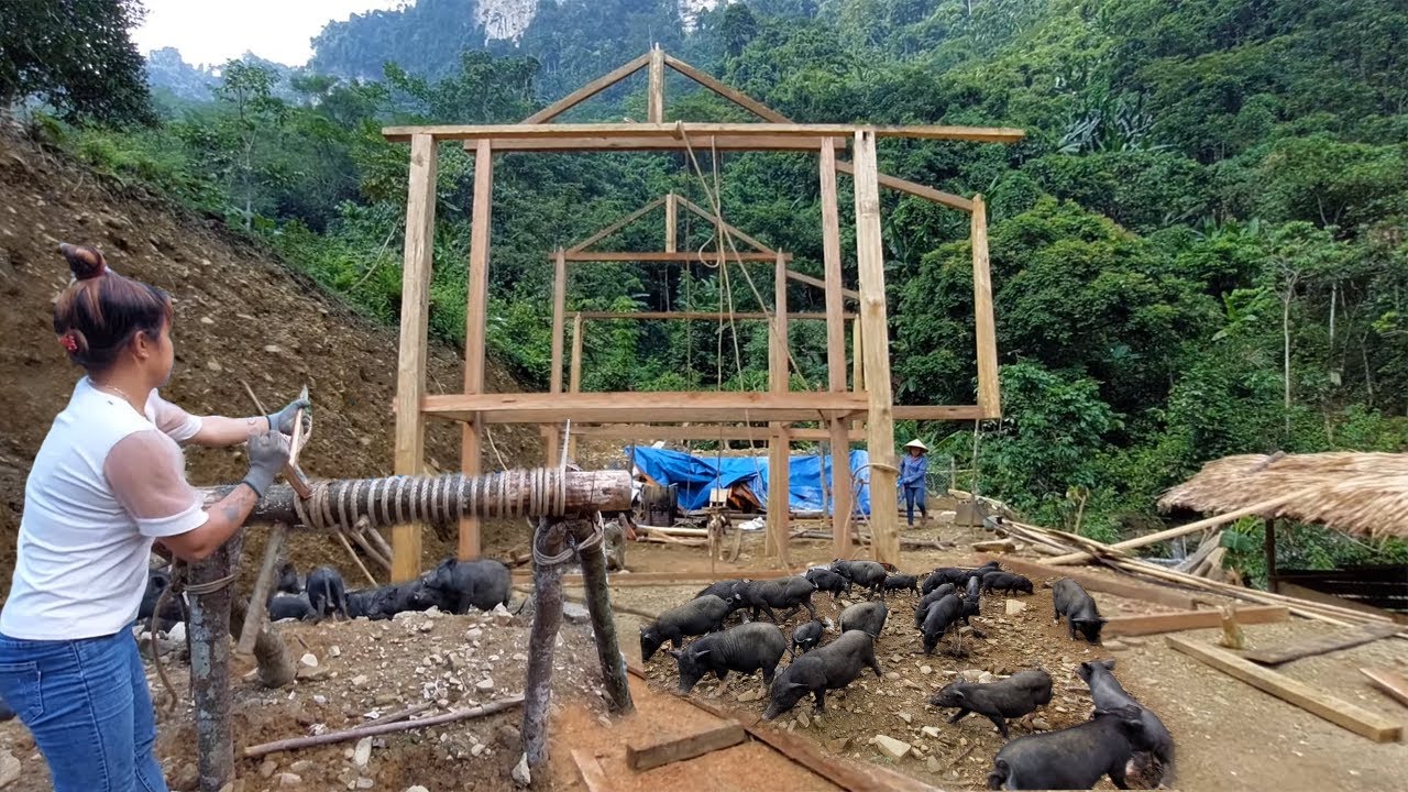 How to build a 1000kg house column alone - Primitive Technology rope ...