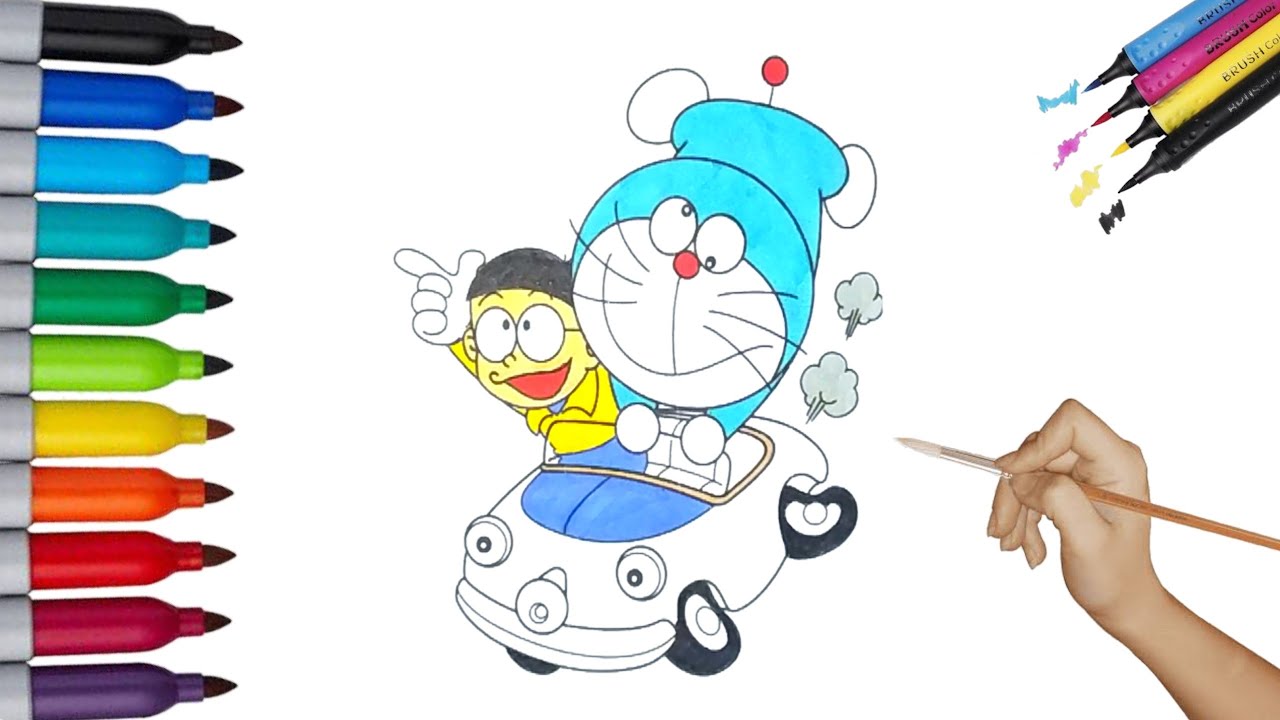 How to Coloring a Cute Doraemon and Nobita ride in a car | Wahyu Art ...
