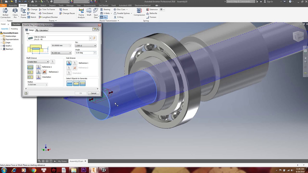 bearing and key in Inventor 2018 (design) - YouTube