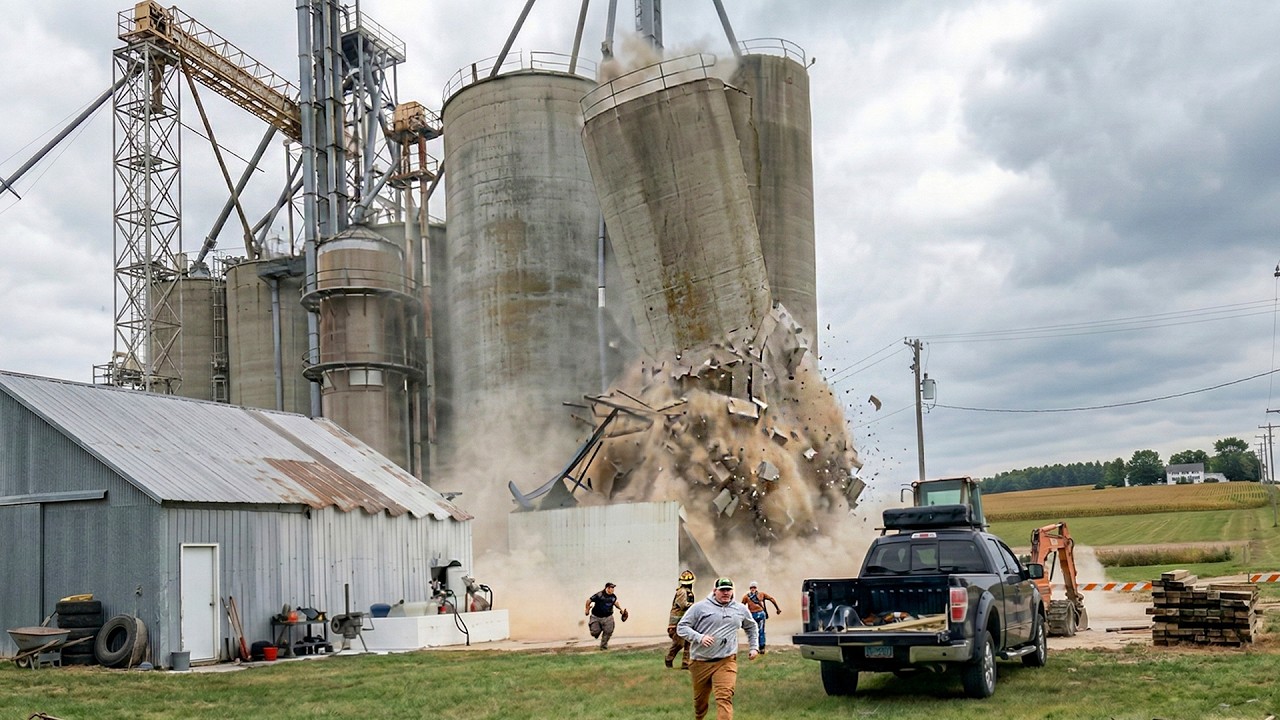 Demolition Idiots: Massive Silo & Water Tower Fall WRONG WAY ...