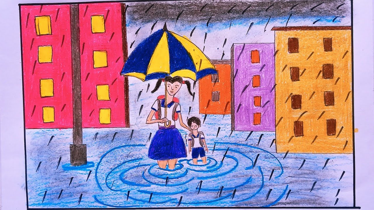 city rainy season scenery drawing step by step/rainy day very easy ...