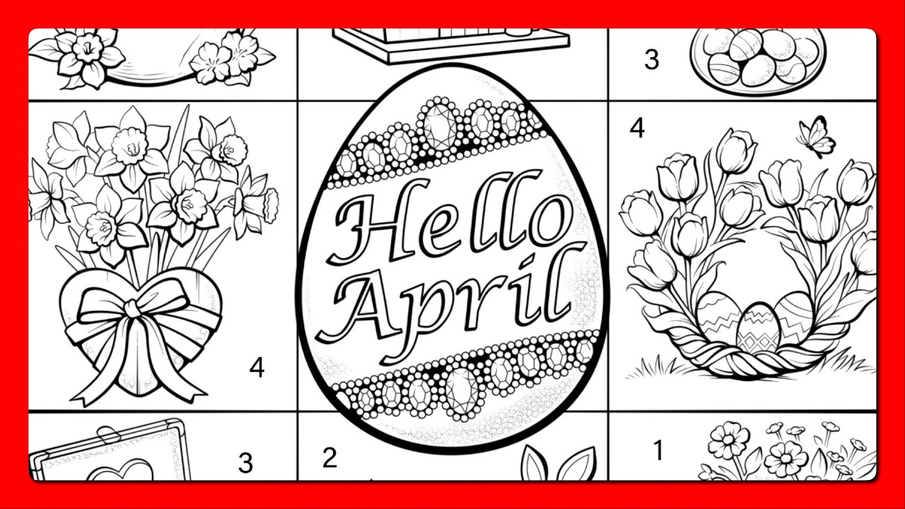 Color by Number Hello April Collage Birdhouse, Bunny‑Ear Vase Flowers ...