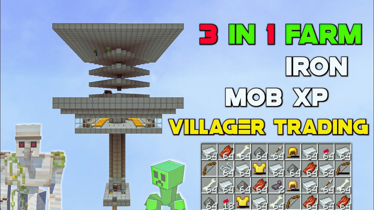 Mcpe/Bedrock 3-In-1 Farm (Iron, Mob Xp, Villager Trading) | Best Multi ...