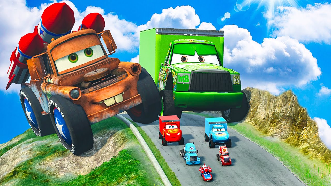 DOWN OF DEATH vs Big Tow Mater Rocket with Big Wheels and Chick Hicks ...