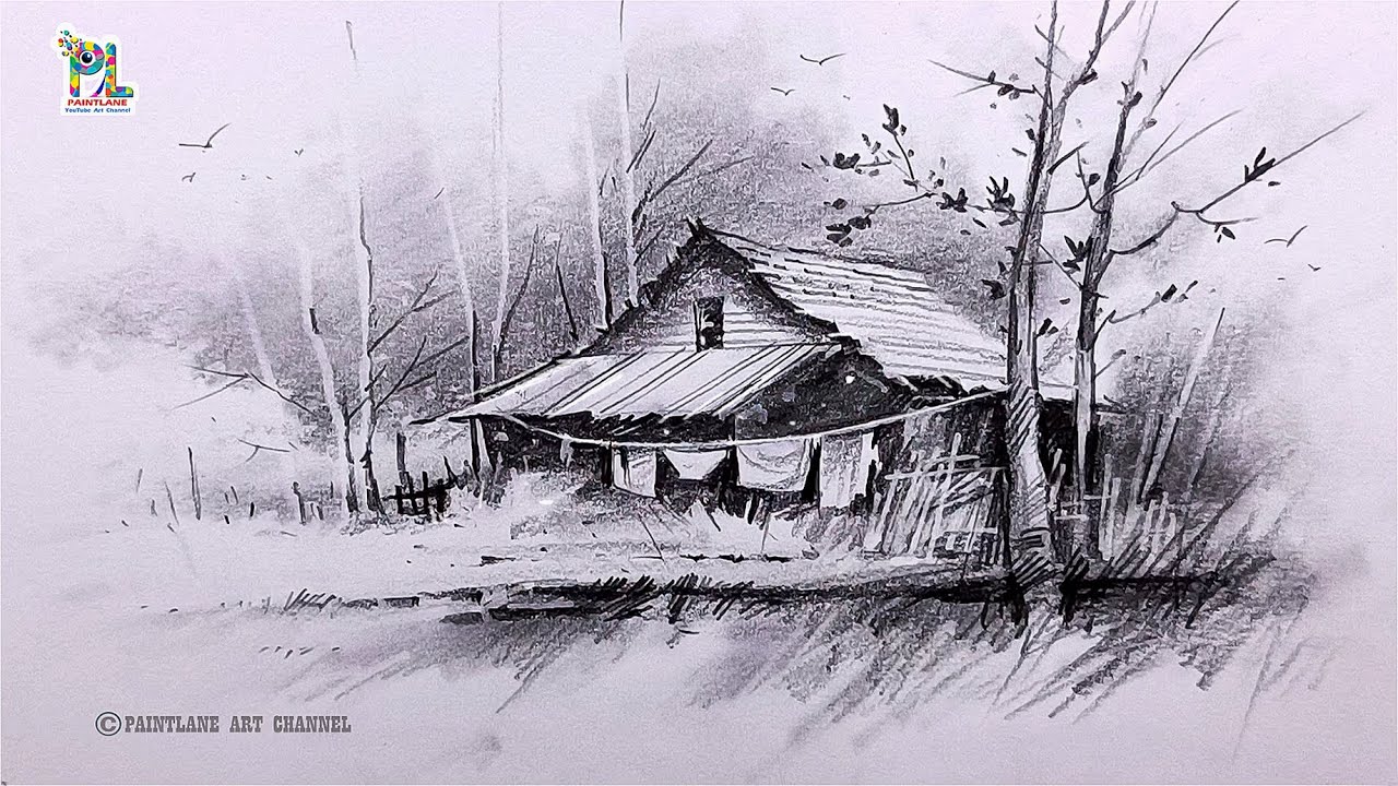 How to draw House in Landscape with Pencil Sketch and Shading - YouTube