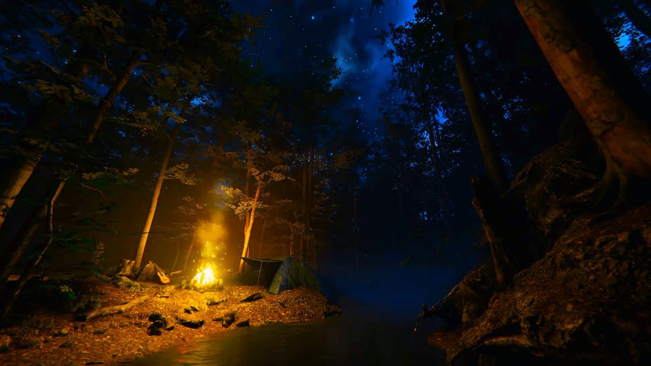 Campfire by the river at Night - Relaxing River & Nature Sounds ...