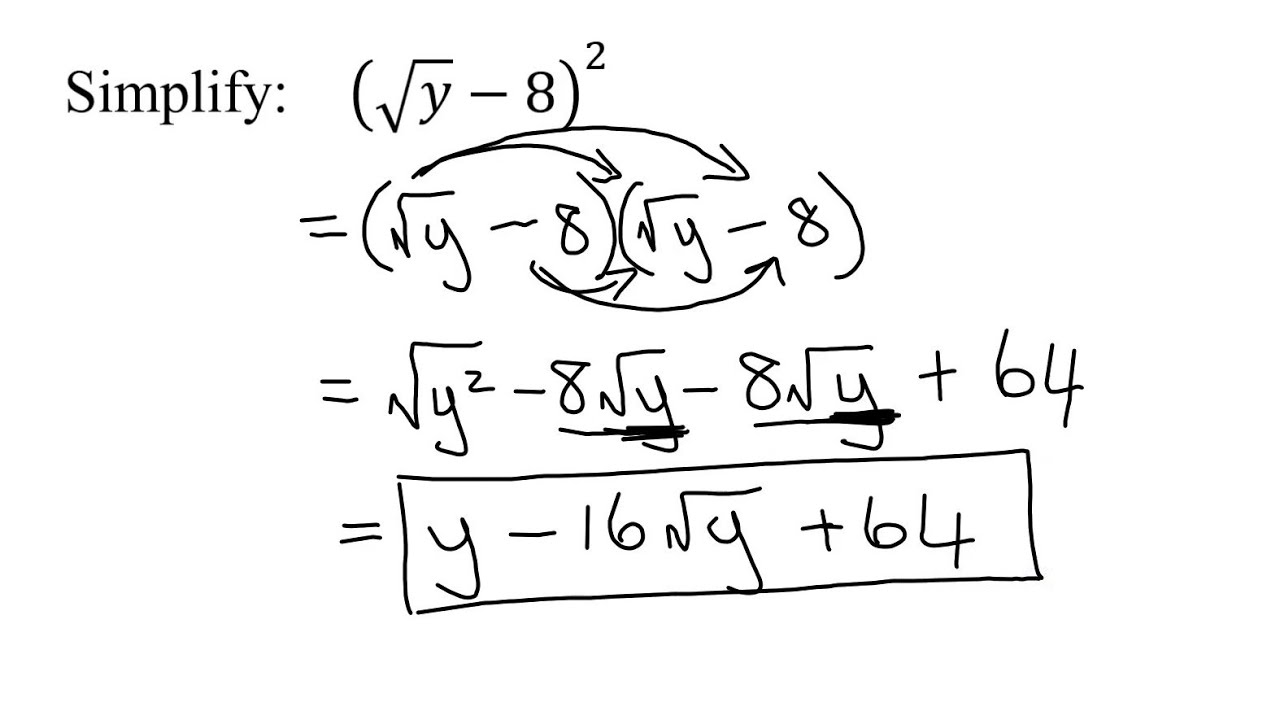 Square the Binomial ((Square Root of y)-8) Containing One Radical (Sqrt ...