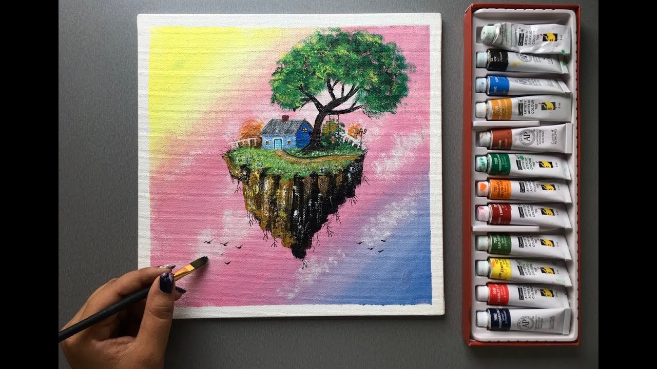 Flying island painting | how to draw flying island | acrylic painting ...