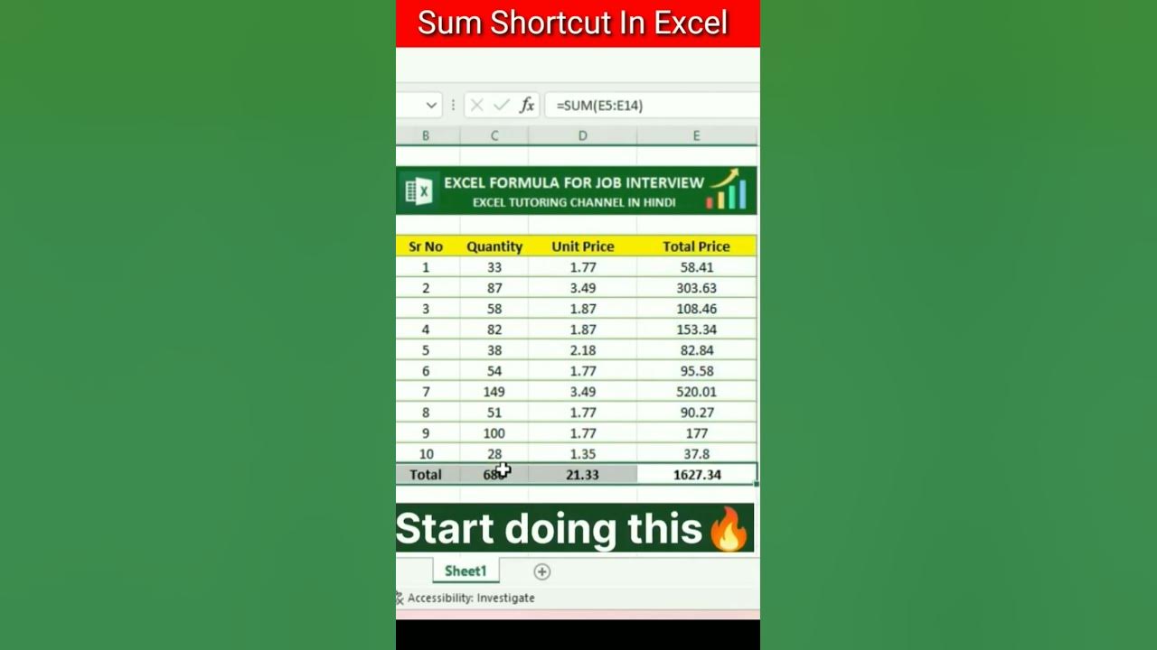 Sum Shortcut In Excel । Exceltricks Banglatutorial Youtube