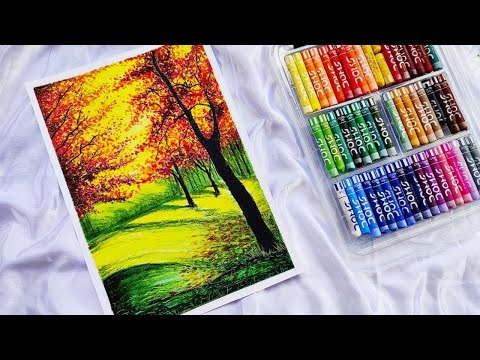 Oil pastel forest scenery / Step by step tree landscape oil pastel ...