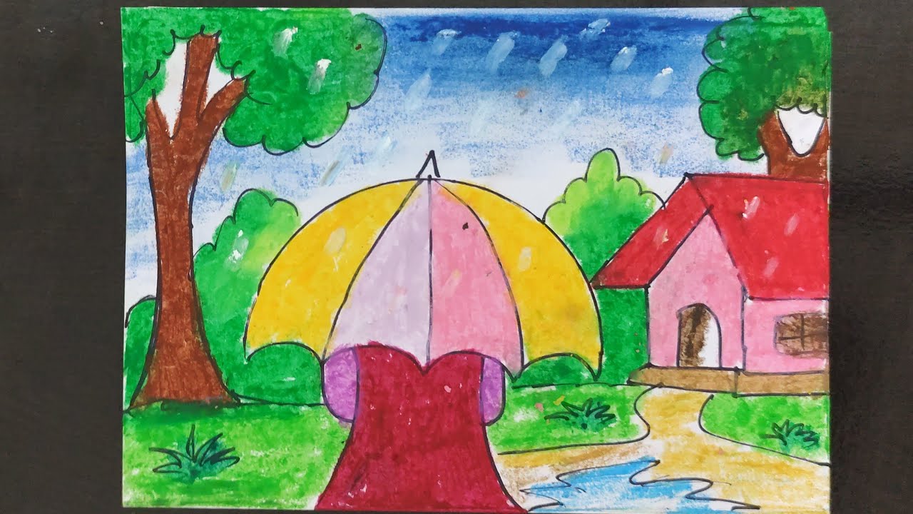 How to draw Rainy season ☔|| rainy season drawing || monsoon scenery ...