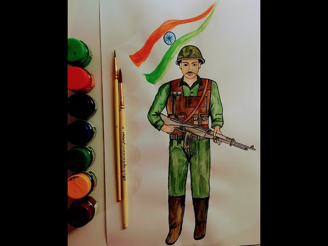 Army Soldier With Flag Drawing