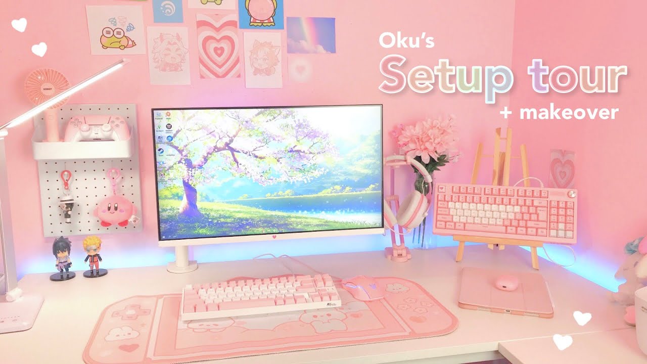 Aesthetic pink and white desk setup tour + makeover 2022 - YouTube