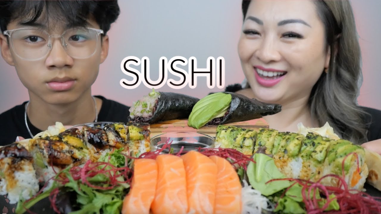 SUSHI Mukbang with Nico *Temaki Cone, Salmon Sashimi, Specialty Rolls ...