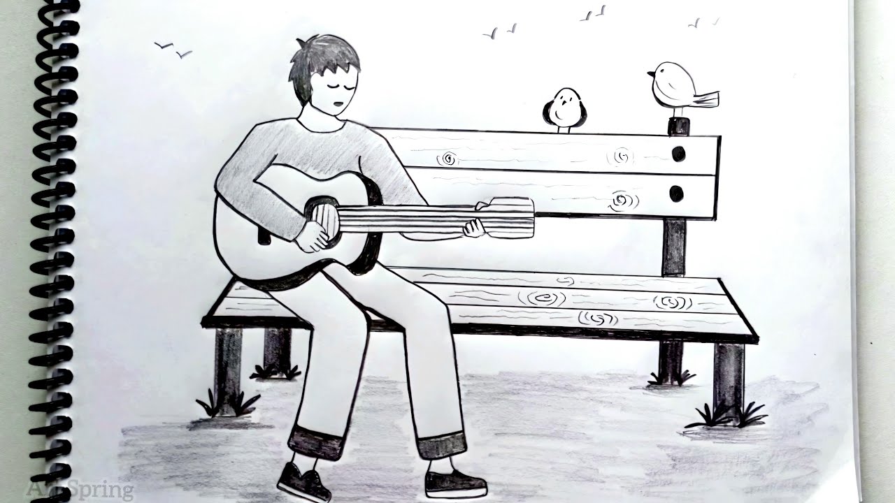Boy With Guitar Singing to Birds || Easy Pencil Sketch || How to draw ...