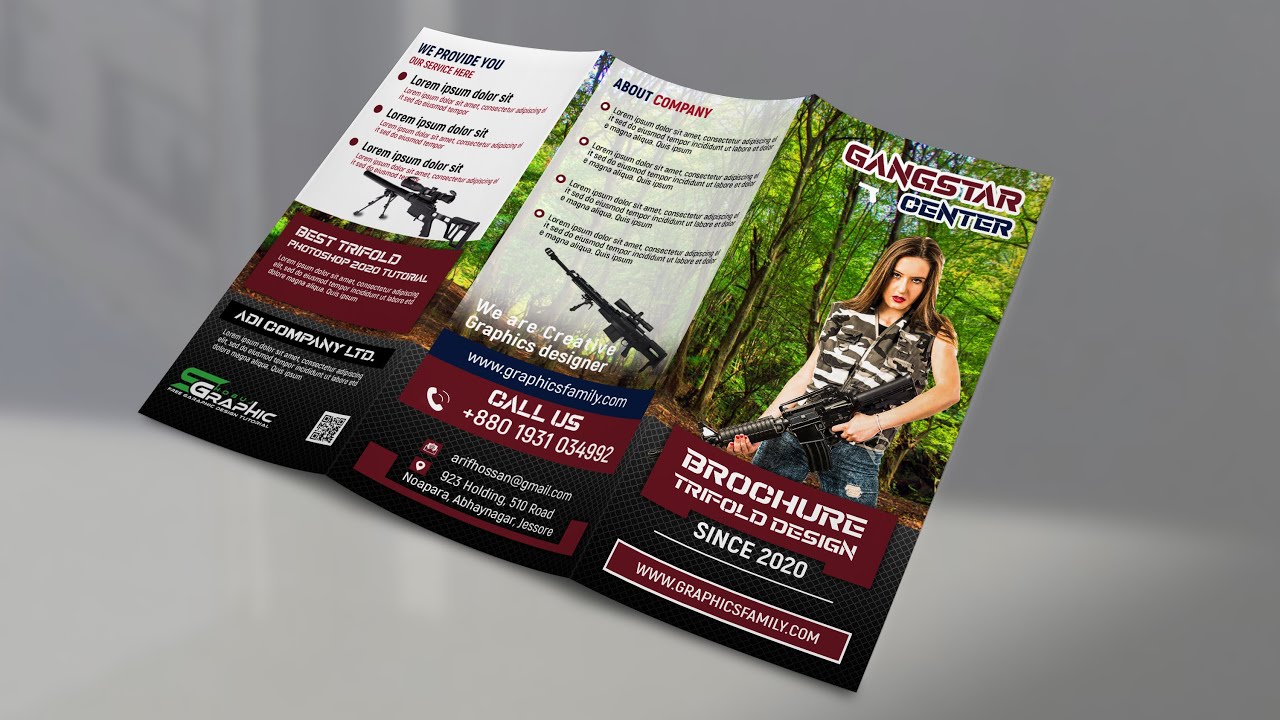 Tri Fold Brochure Design - Photoshop Tutorial - Gun Equipment Brochure ...