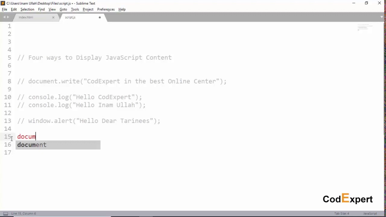 23 Using document write, window alert, innerHTML, console log in JavaScript in Urdu/Hindi - YouTube