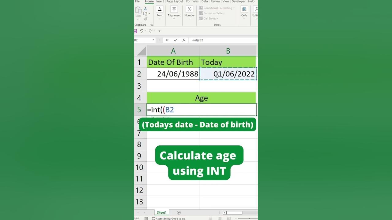 Calculate Age Using INT #shorts #excel - YouTube