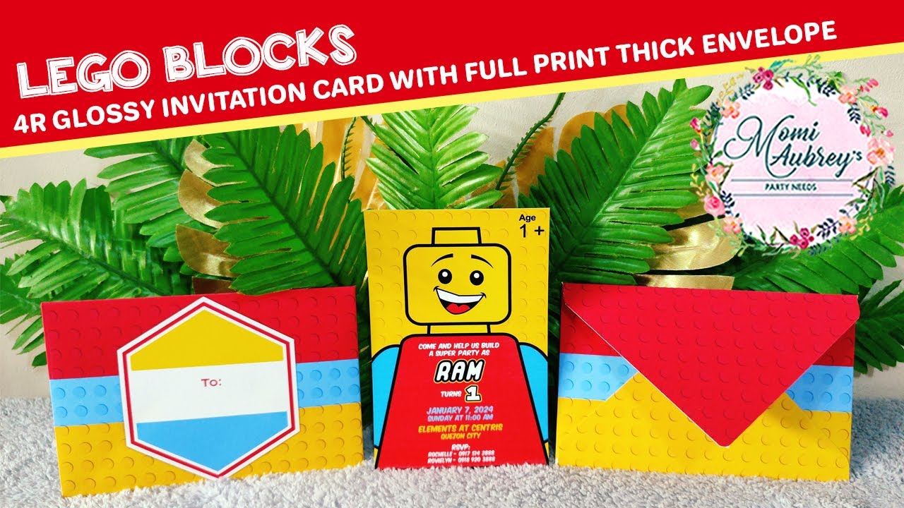 Lego Blocks Theme 4R Invitation Card (Glossy) with Full Print Thick ...