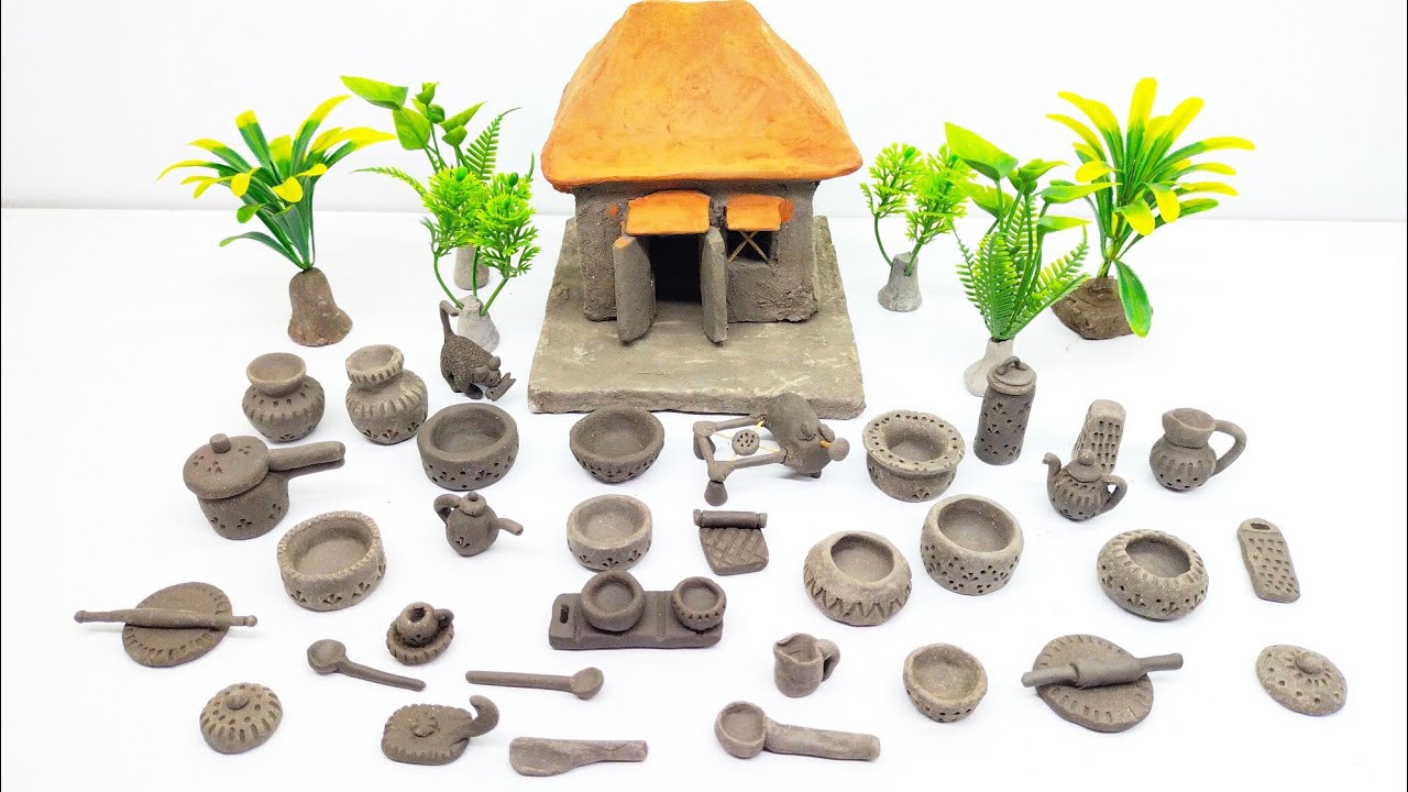DIY How to make polymer clay miniature House, kitchen set | Village ...