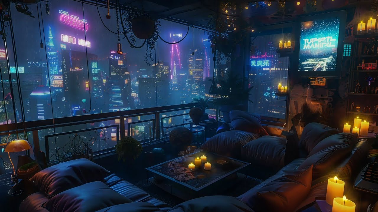 Cityscape Serenity: Cyberpunk Balcony Rain and Chill Music | Cozy ...