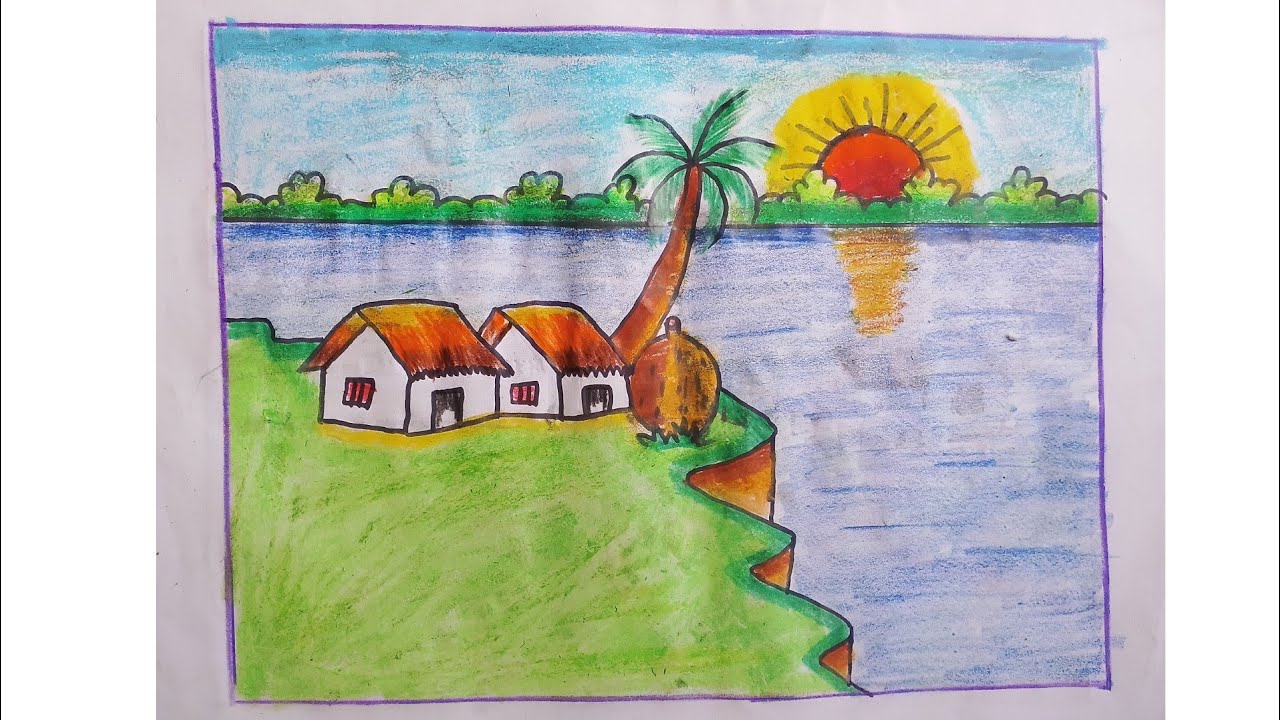 scenery drawing | how to draw scenery / village drawing - YouTube