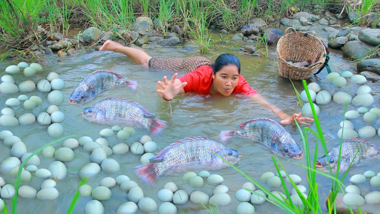 Women Catch Fish and egg in water - Cooking soup Fish Eating delicious ...