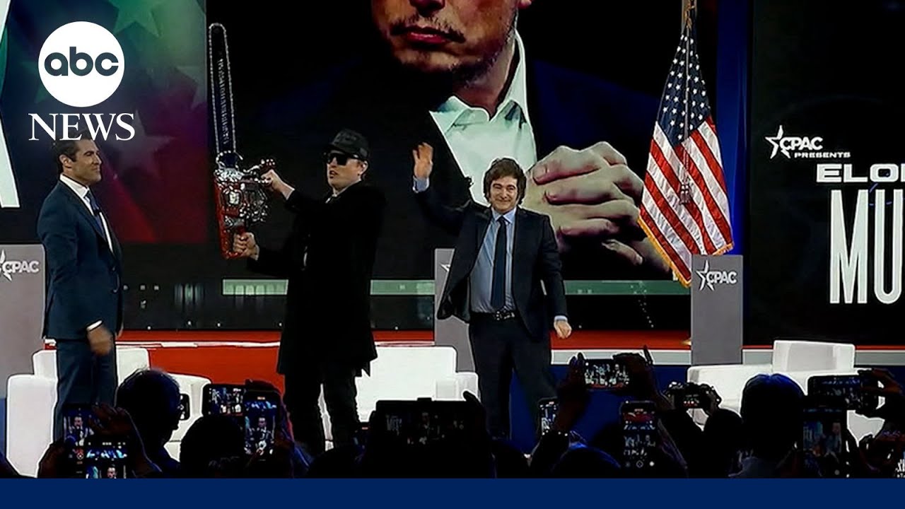 Elon Musk waves 'chainsaw for bureaucracy' at CPAC - YouTube